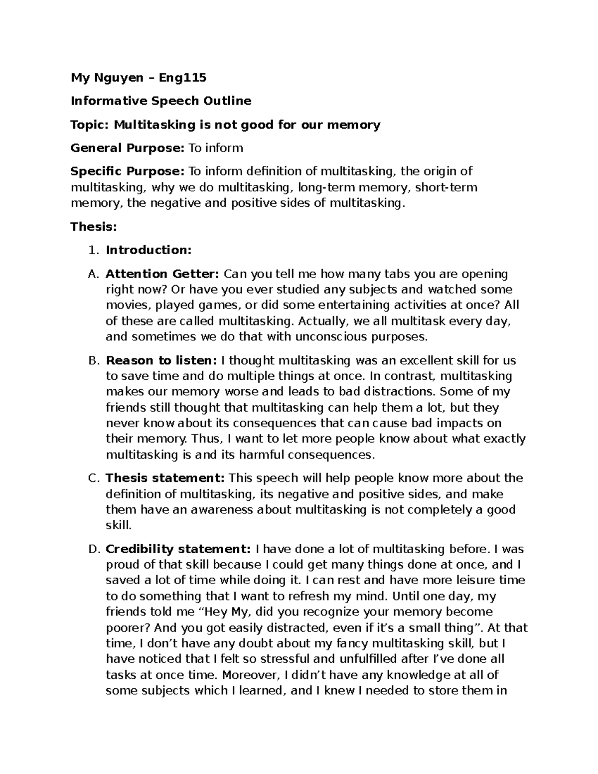 Eng115 Informative Speech Outline: The Impact of Multitasking on Memory ...