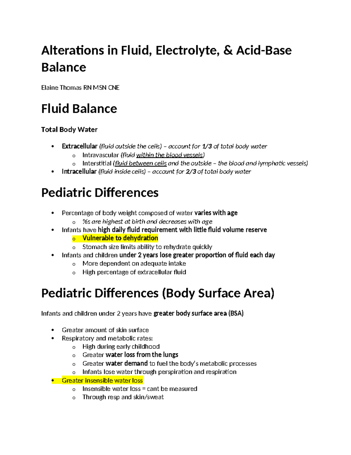 Alterations in Fluid & Electrolyte Balance in Pediatrics (PEDS 1) - Studocu