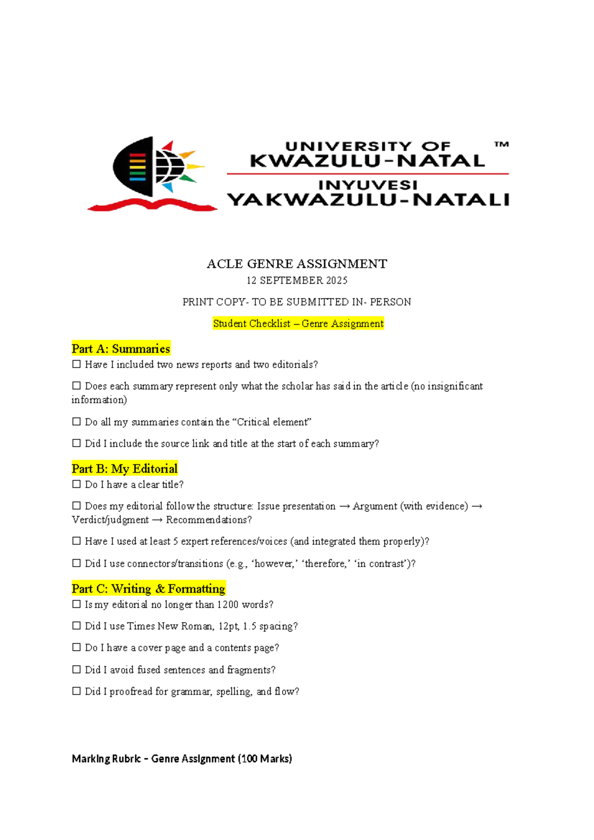 ACLE Genre Assignment Checklist and Guidelines - Studocu