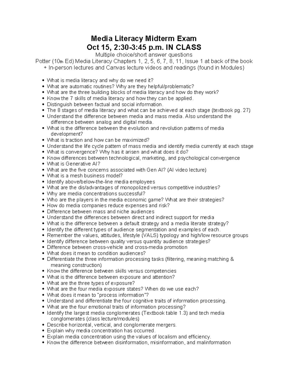 Media Literacy Midterm Exam Study Guide (MEDIA 101) - Studocu
