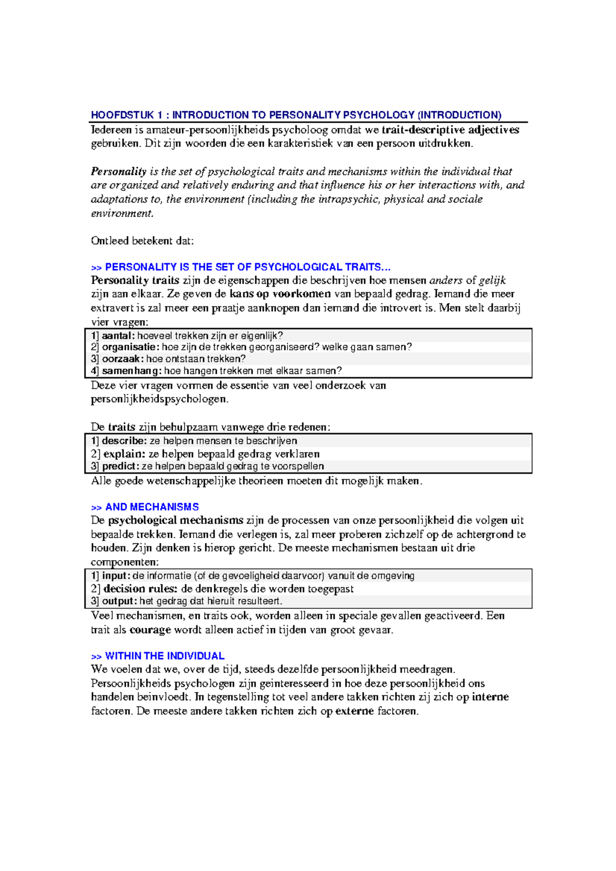 Samenvatting Persoonlijkheidspsychologie HOOFDSTUK 1 en 2 - Studeersnel