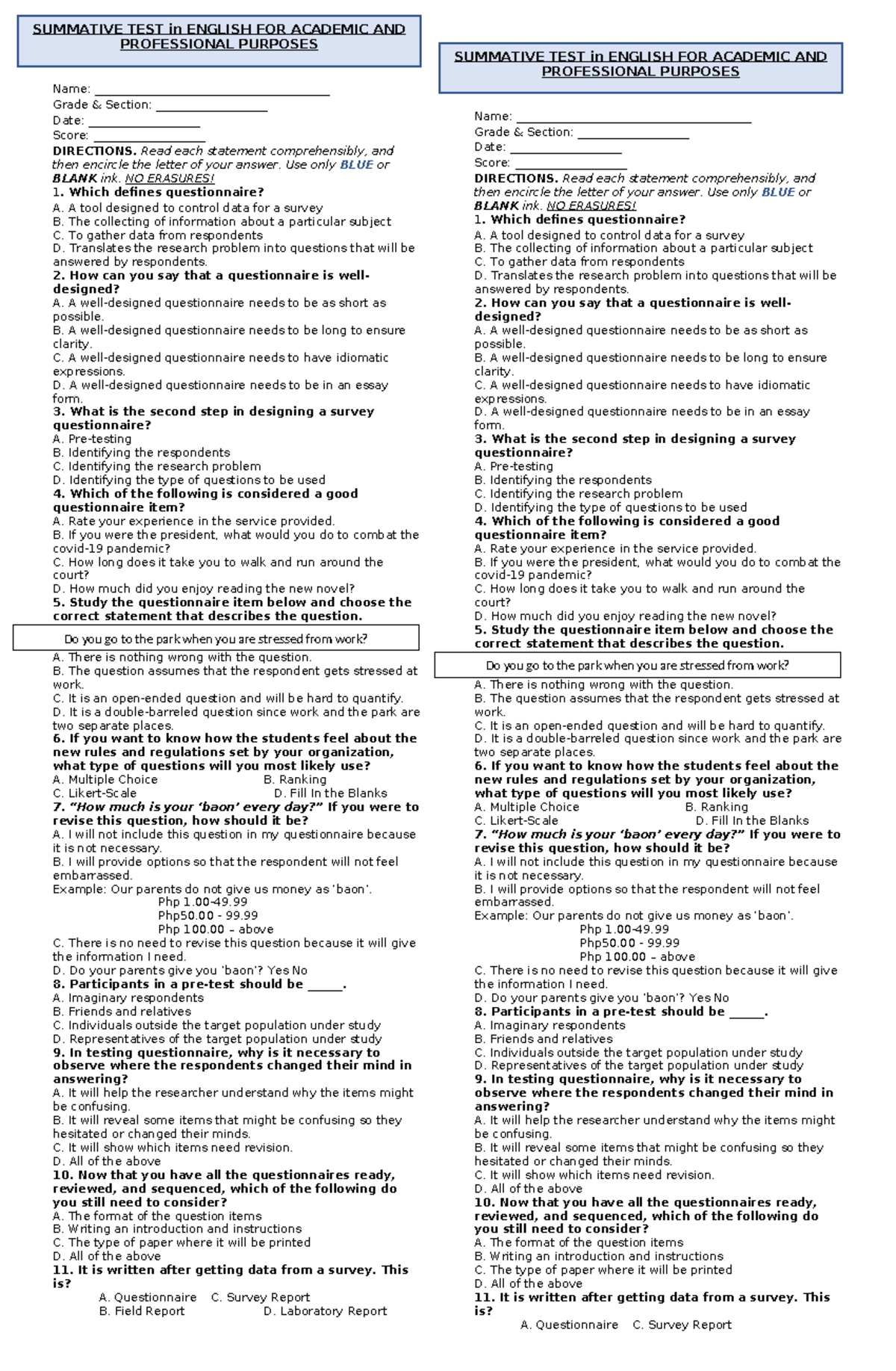 Final Summative Test in EAPP: Questionnaire Design & Analysis - Studocu