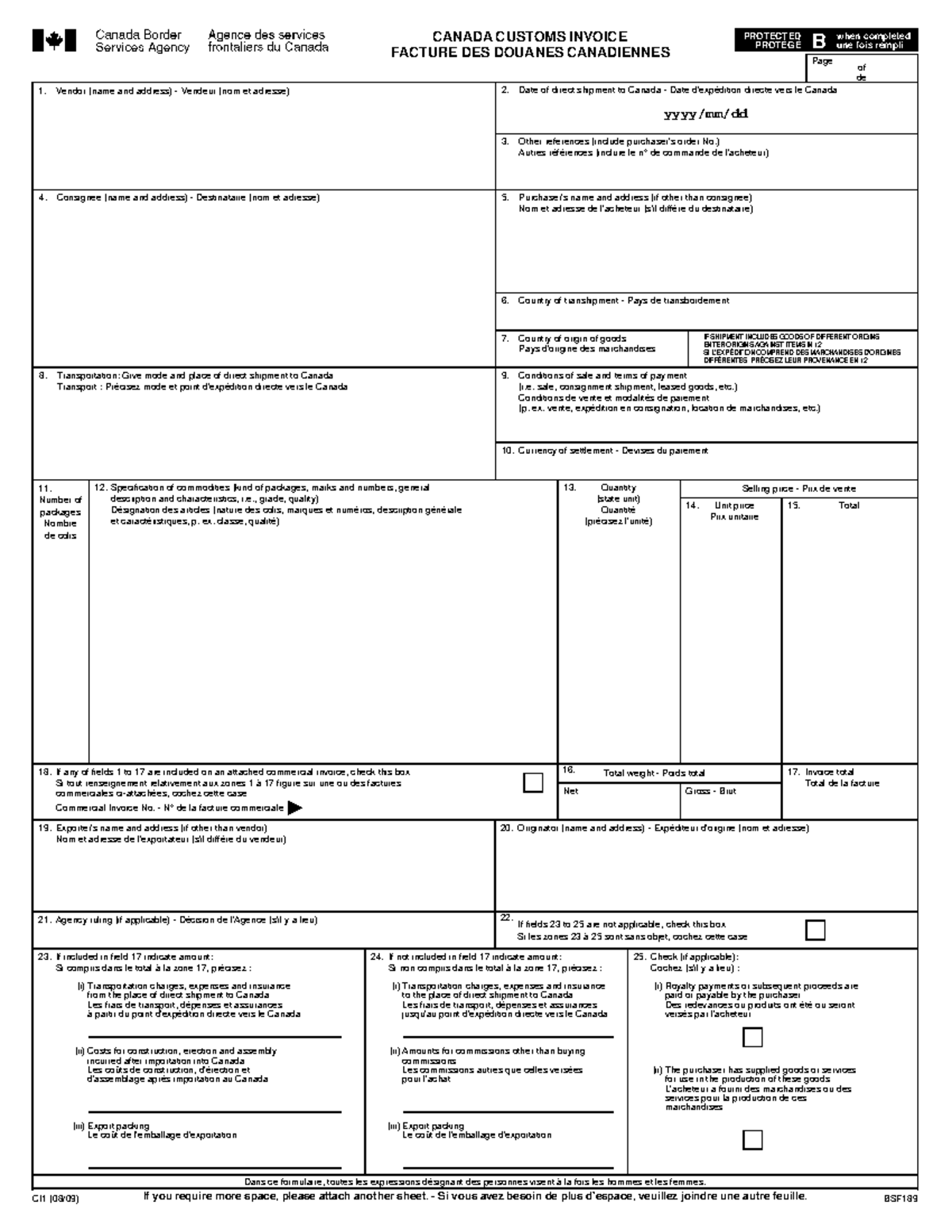 Canada Customs Invoice (BSF189) - Template Notes - Studocu