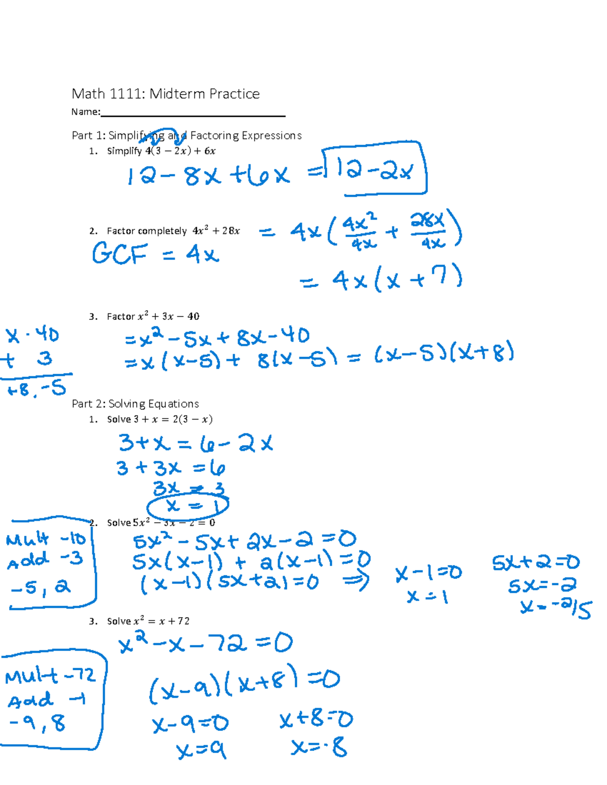 Midterm Practice Solutions - Math 1111: Midterm Practice Name: Part 1 ...