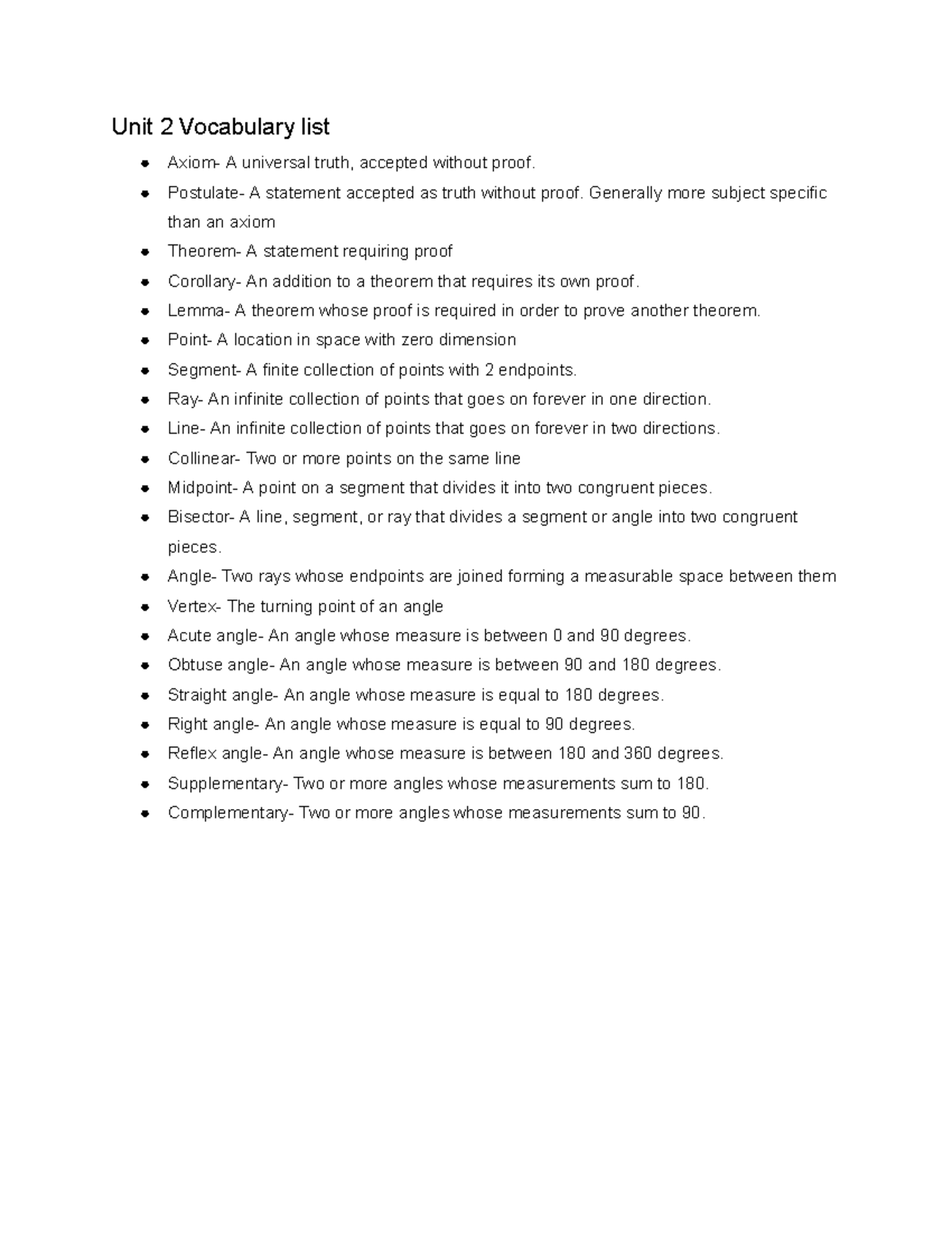 Unit 2 Vocabulary List - Key Terms for Geometry Concepts - Studocu