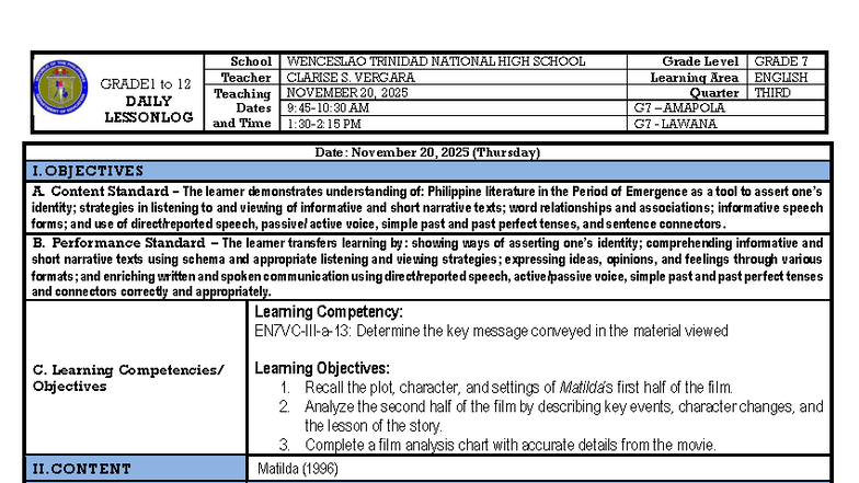 G7 English Lesson Plan: Film Analysis of Matilda (1996) - Studocu