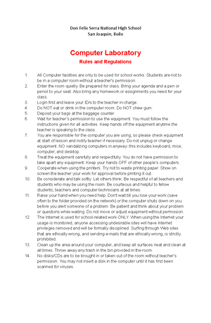 Computer lab safety rules - PESS Computer Lab DO’s and DON’T Do’s Know ...