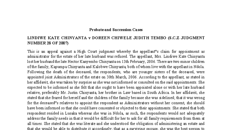 Probate & Succession Cases: LINDIWE KATE CHINYANTA v DOREEN CHIWELE (S ...