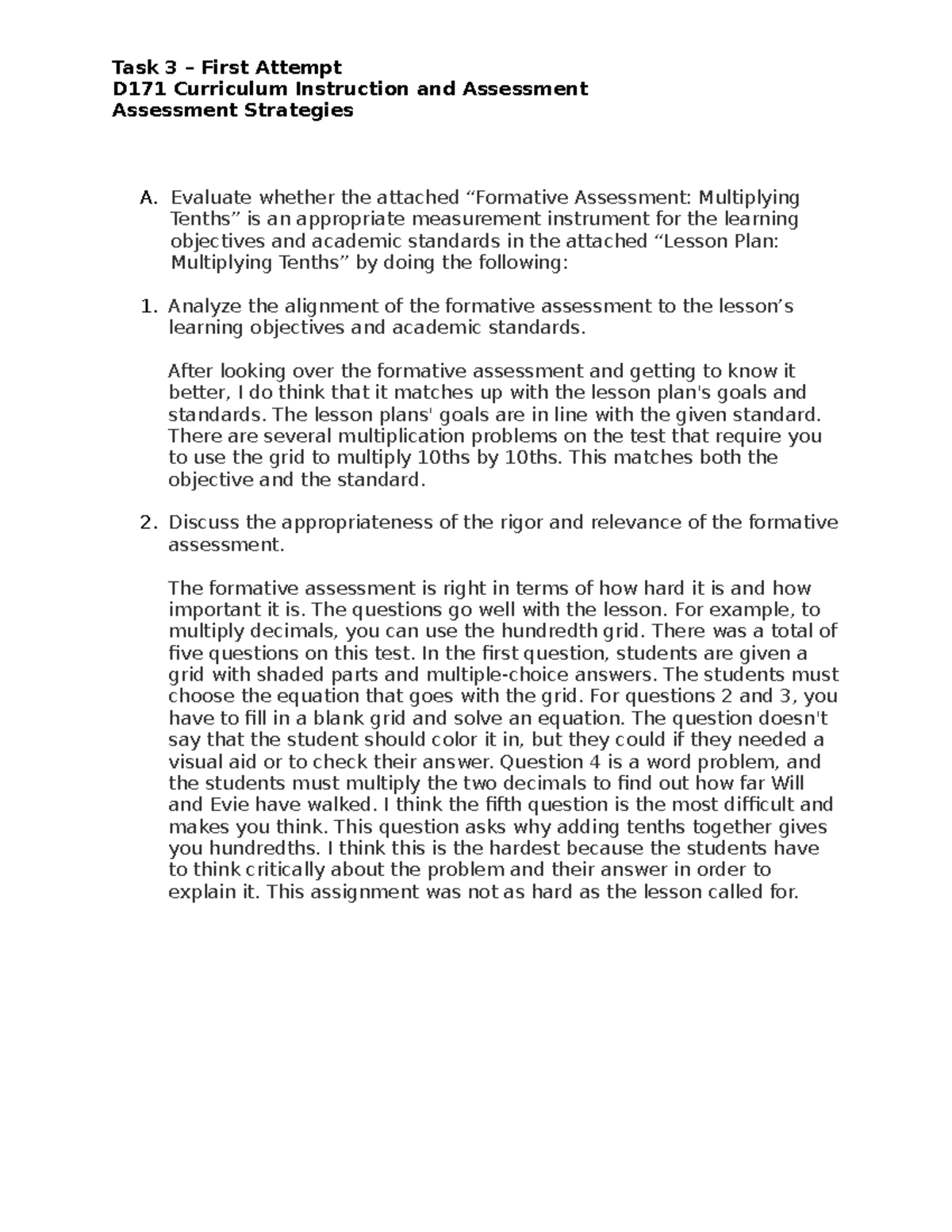 D171 Assessment Strategies: Evaluating Lesson Plan and Student Outcomes ...