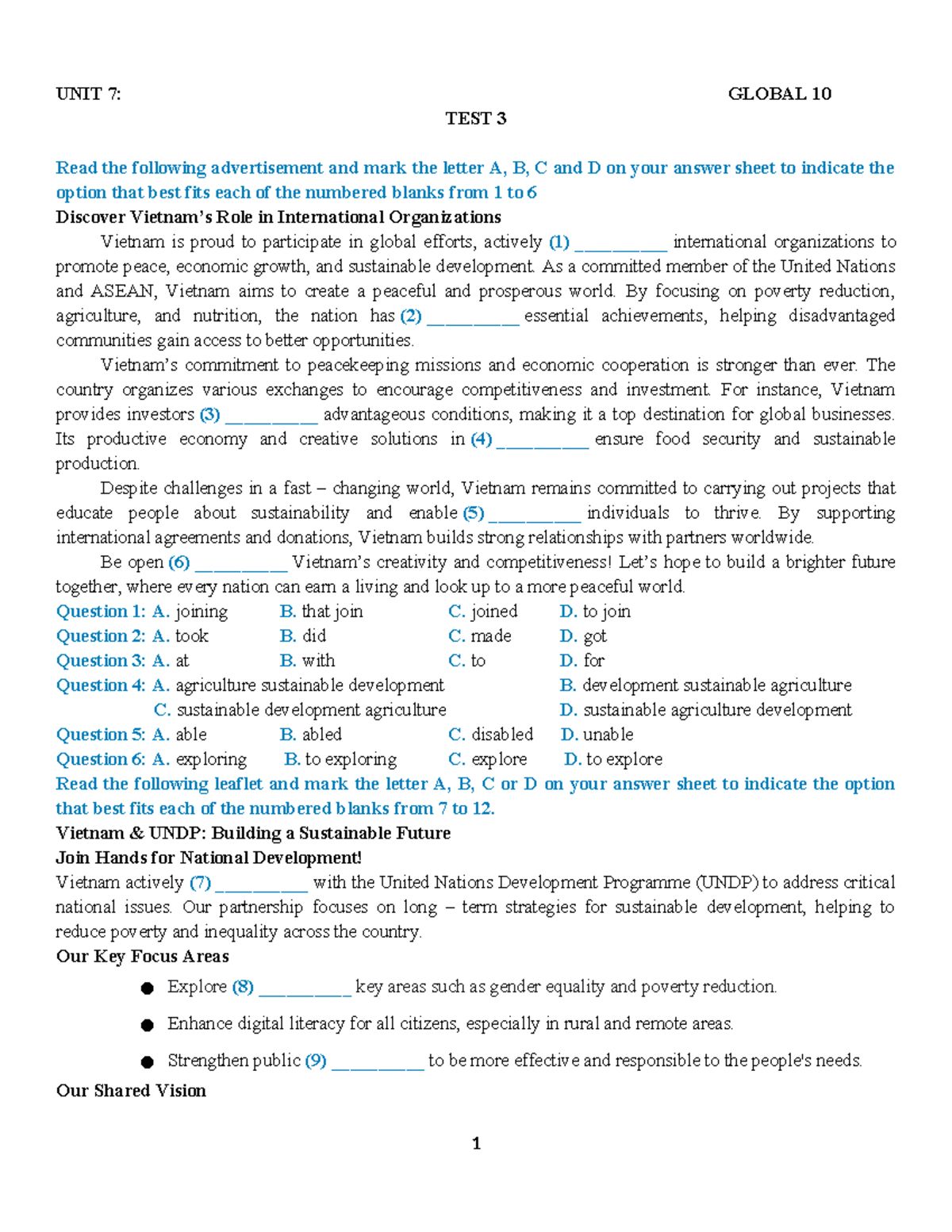UNIT 7: GLOBAL 10 TEST 3 - Vietnam's Role in International Development ...
