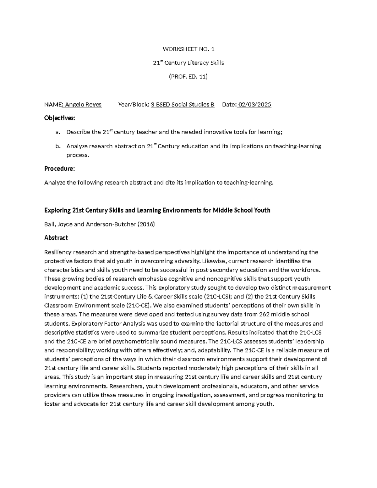 21st Century Literacy Skills Worksheet (PROF. ED. 11) - Studocu