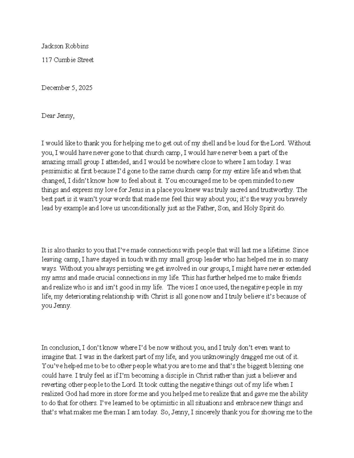 Final Letter of Gratitude to Jenny for Spiritual Growth - Studocu