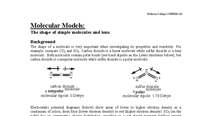 Bellevue College 161 Lab 5: Molecular Models and Geometry Analysis ...
