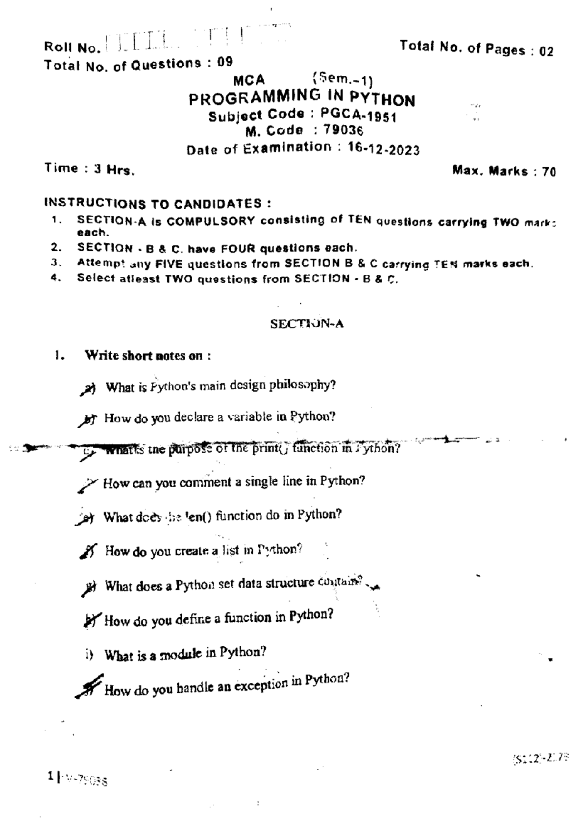 MCA Programming in Python Exam Questions (Code: 79036) - Studocu