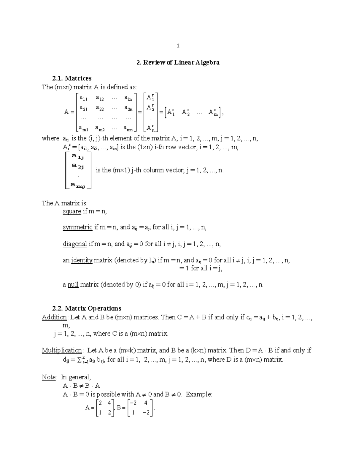 A01-2 Review of Linear Algebra: Matrices and Operations - Studocu