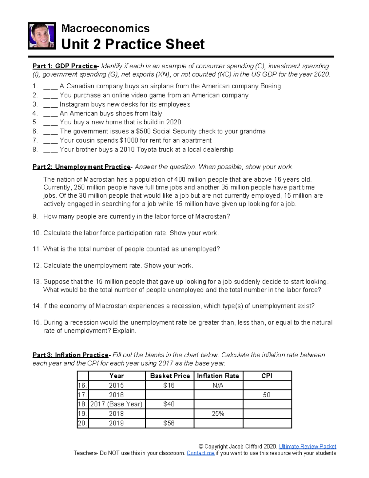 Unit 2 Practice Sheet: GDP, Unemployment & Inflation Analysis - Studocu