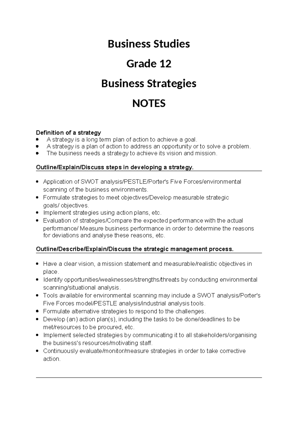 Business Strategies Grade 12: Comprehensive Study Notes - Studocu