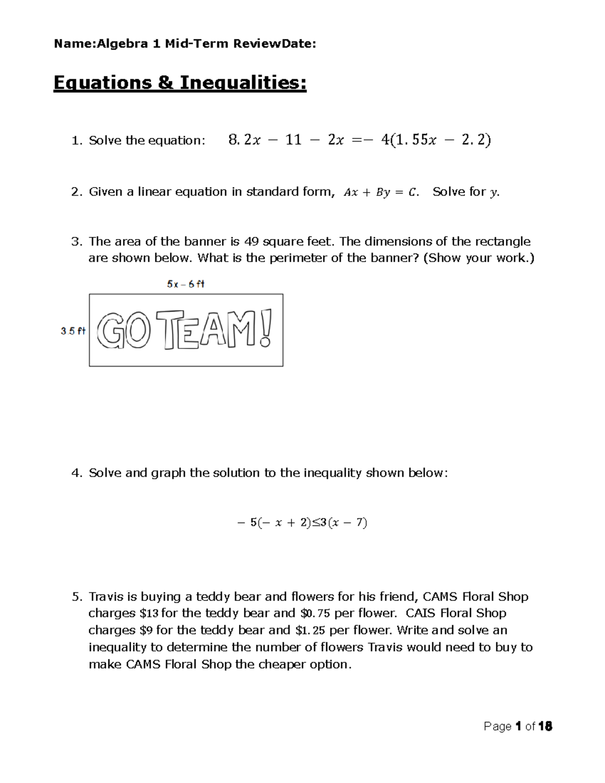 Alg 1 Midterm Practice Questions: Equations, Inequalities, & Functions ...