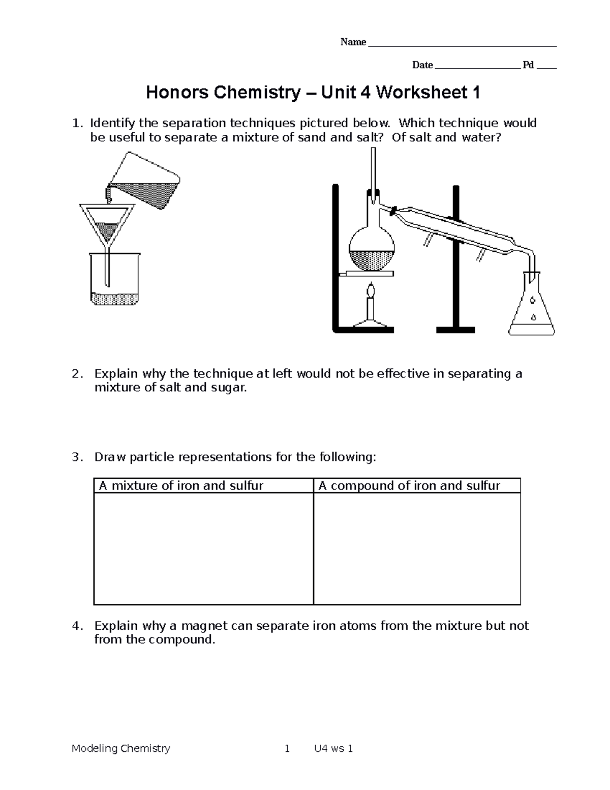 Honors Chemistry - Unit 4 Worksheet 1: Techniques for Separating ...