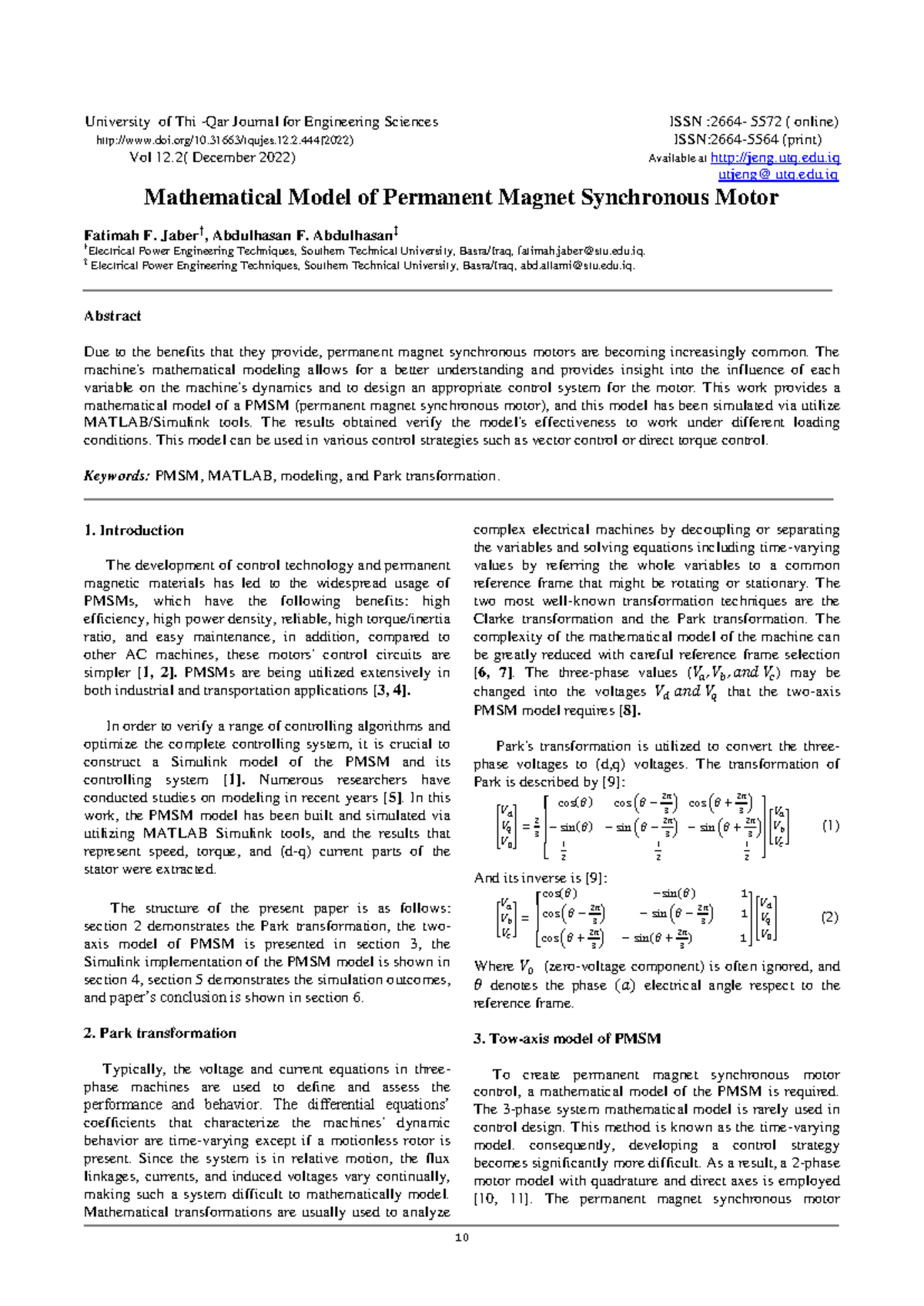 Mathematical Modeling of Permanent Magnet Synchronous Motor (PMSM ...