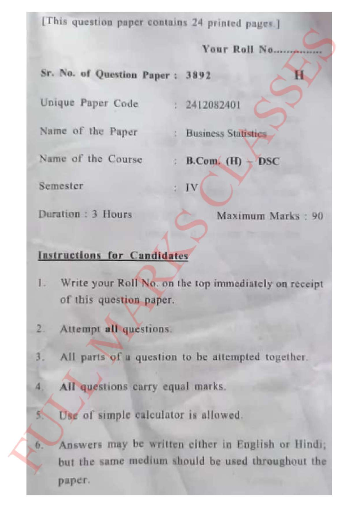 PYQ'24(SOL) - Business Statistics Question Paper (3892) - Studocu