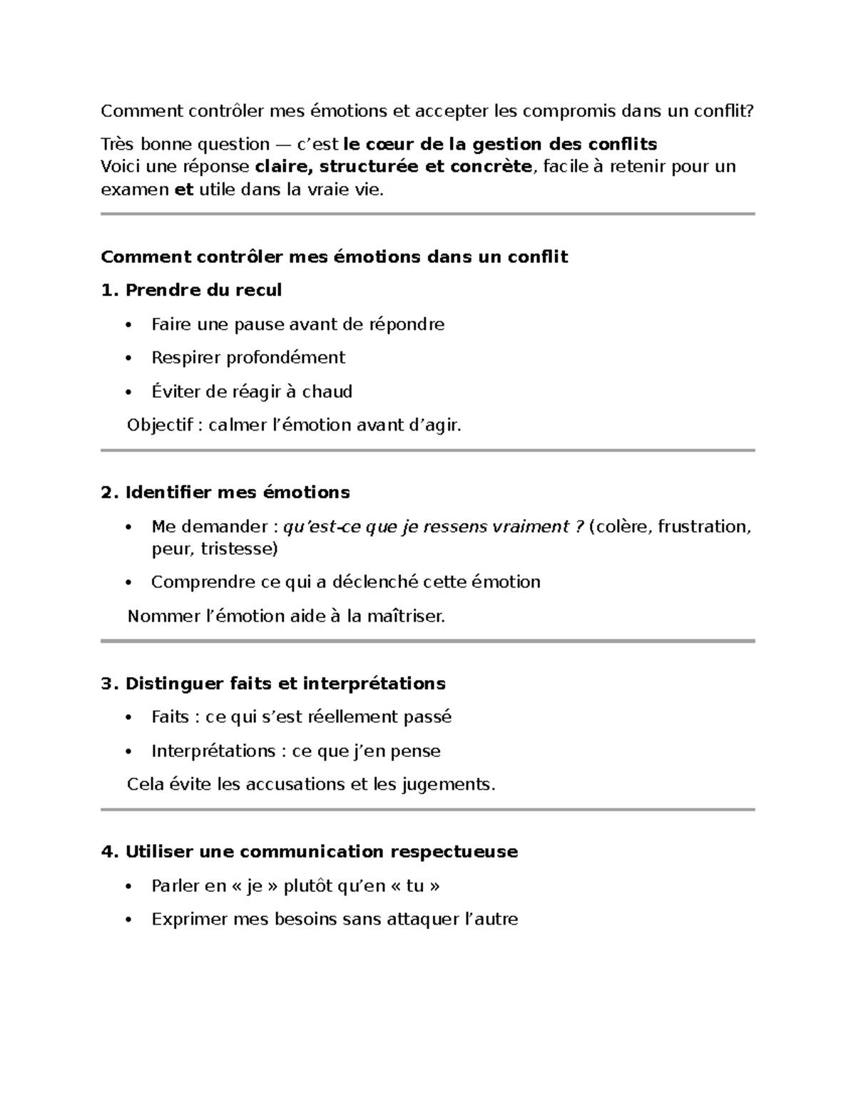 Gestion des Émotions et Compromis en Conflit - Cours de Conflit - Studocu