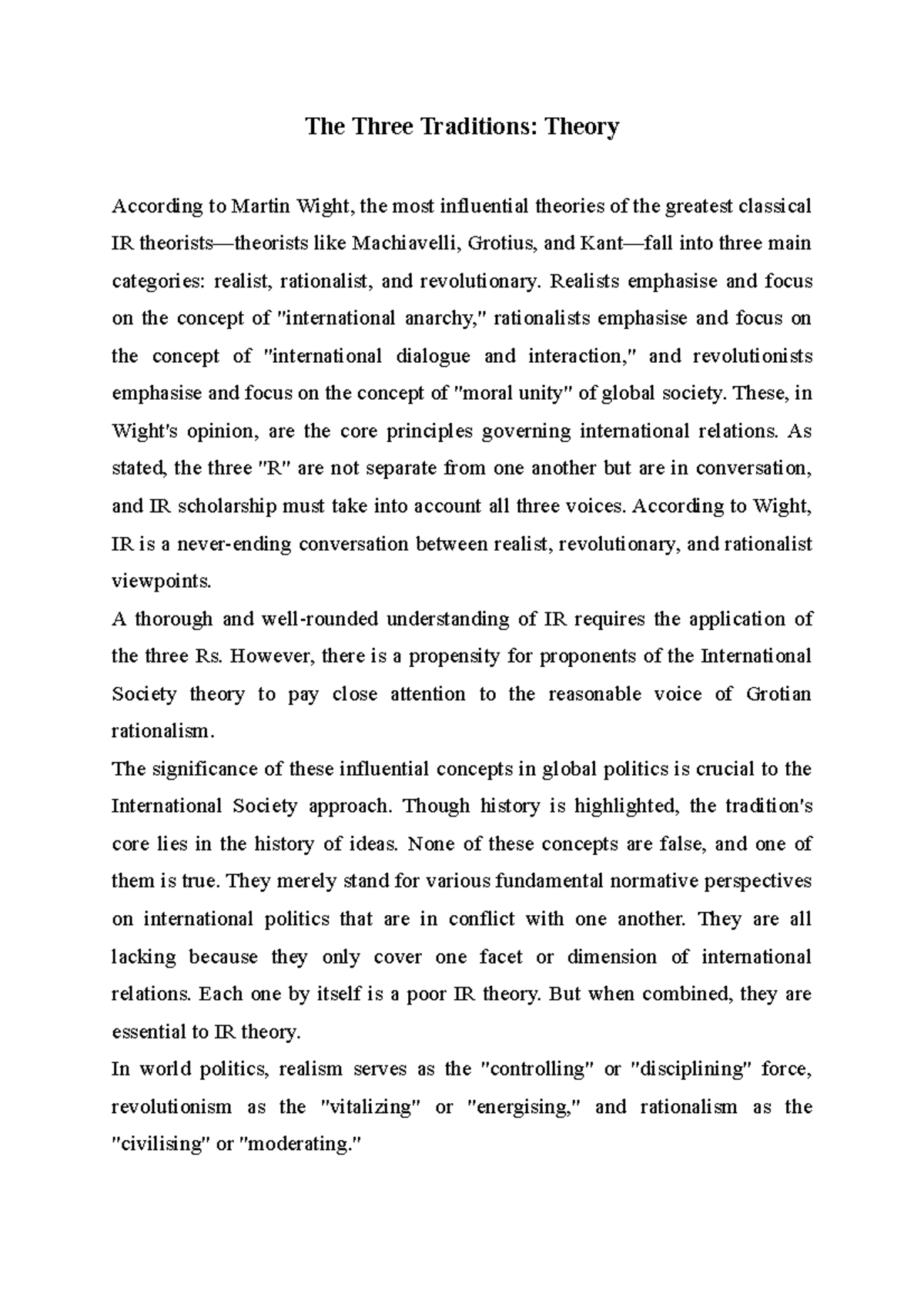 The Three Traditions of International Relations Theory: Insights - Studocu