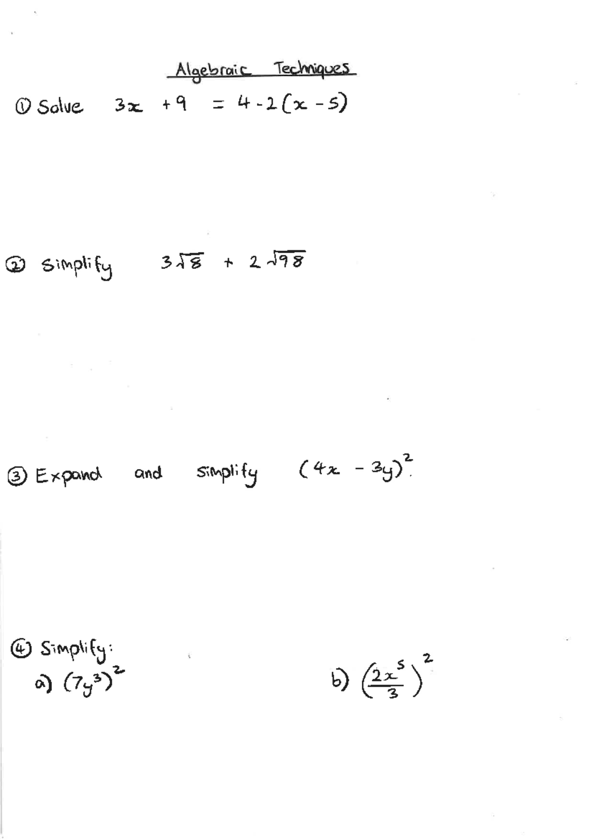 Algebraic Techniques Revision Topic Test: Key Problem Solving ...