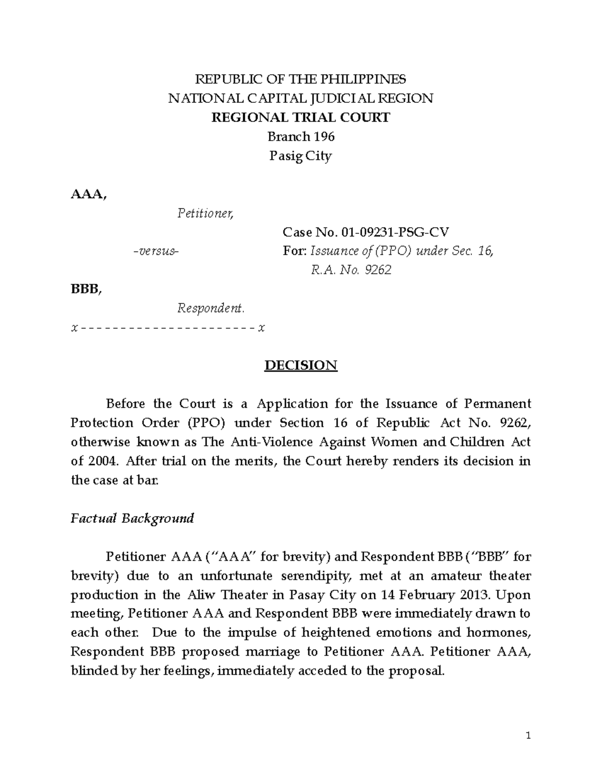 PPO Application Decision under R.A. 9262: AAA vs. BBB Case Summary ...