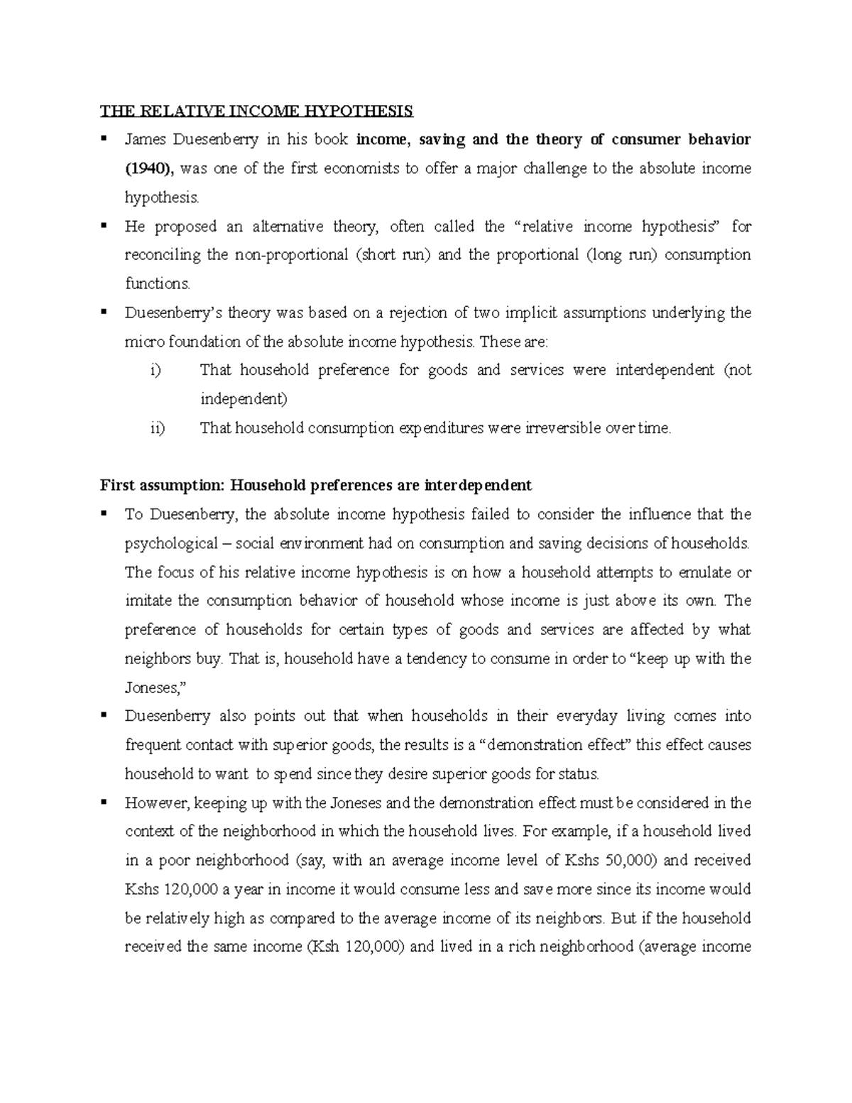 Relative Income Hypothesis and Its Implications on Consumption - Studocu