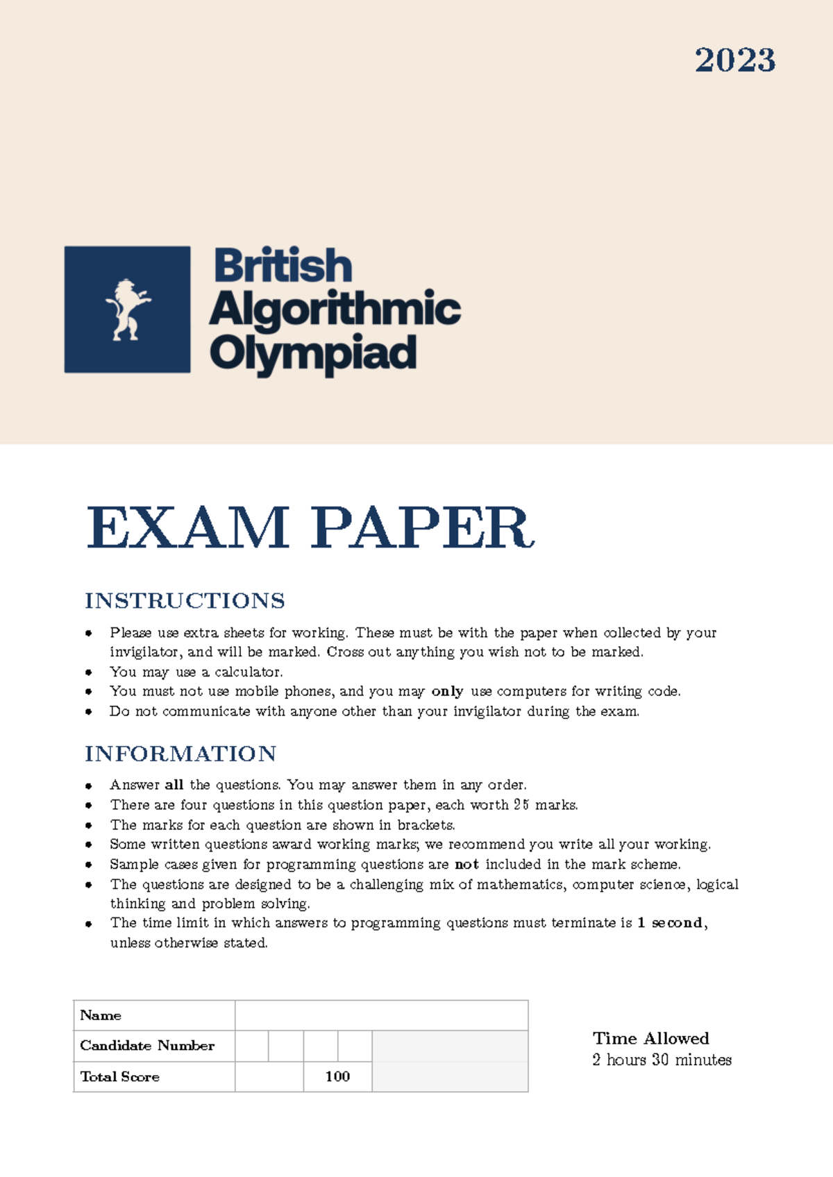 Bao2023 - Classwork - EXAM PAPER INSTRUCTIONS • Please use extra sheets ...