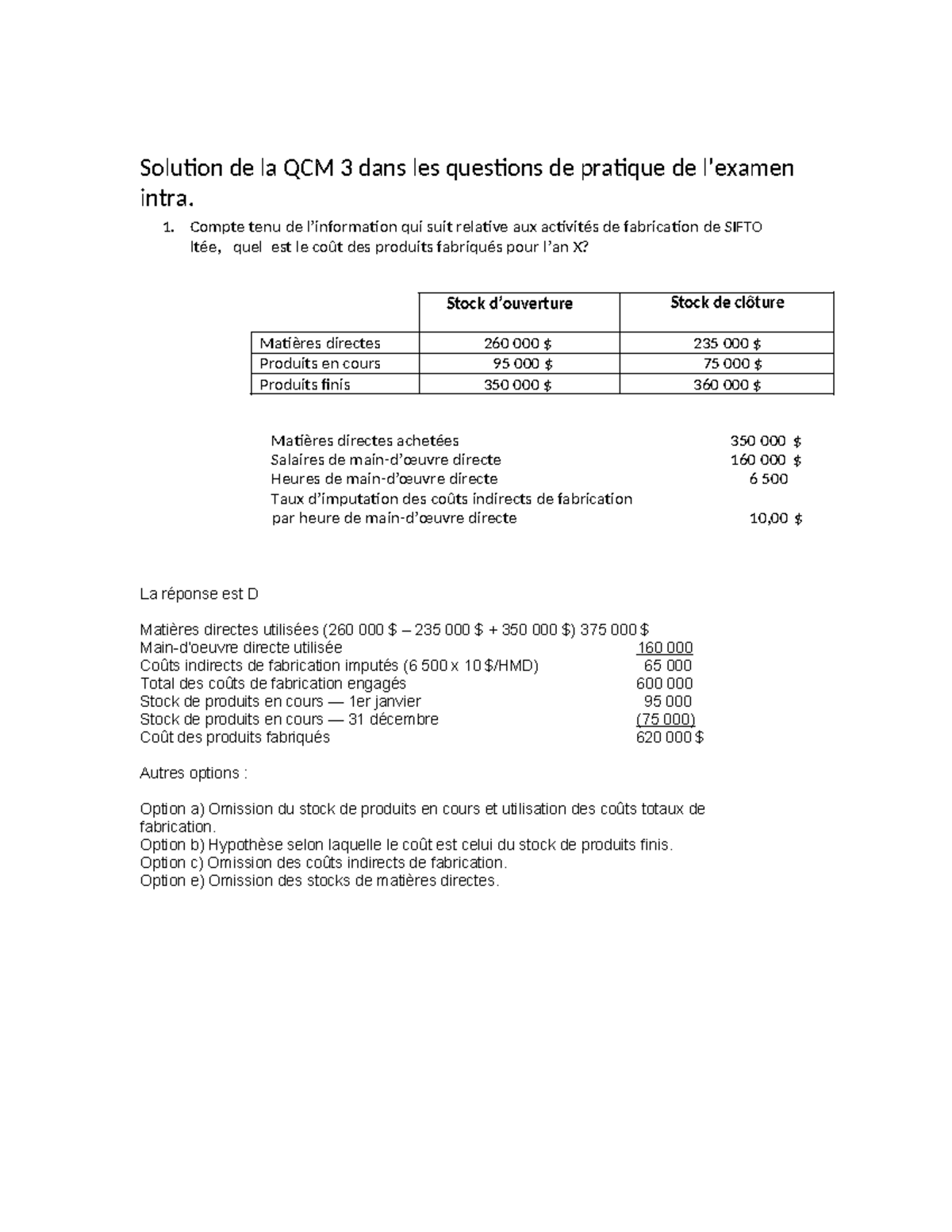 QCM 3 Préparatoire Intra: Solutions et Coûts de Fabrication - Studocu