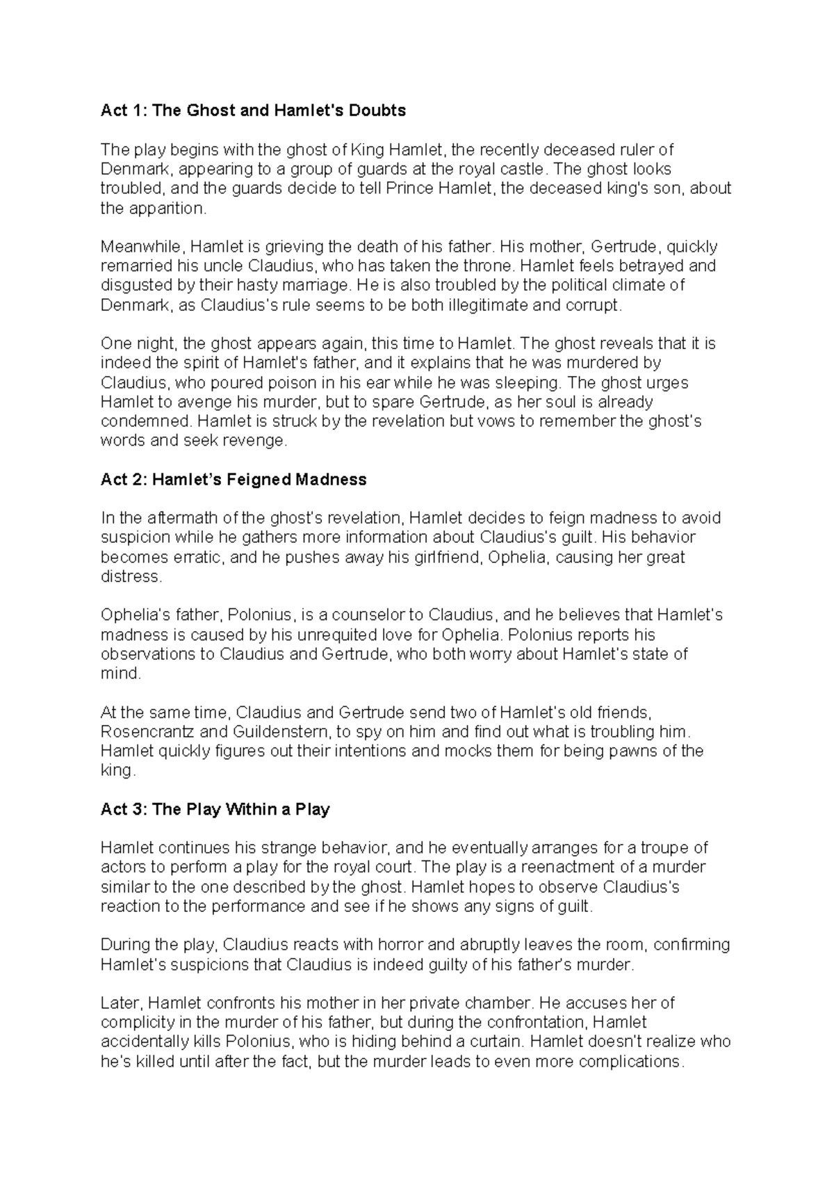 Hamlet (ENG 101): Summary of Key Acts and Themes in the Play - Studocu