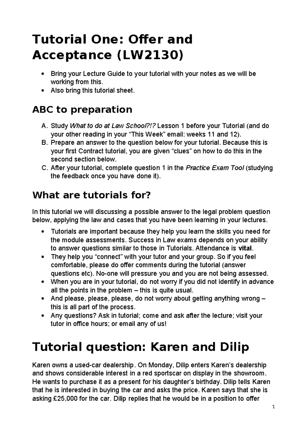 Tutorial 1 - Offer and Acceptance - Tutorial One: Offer and Acceptance ...