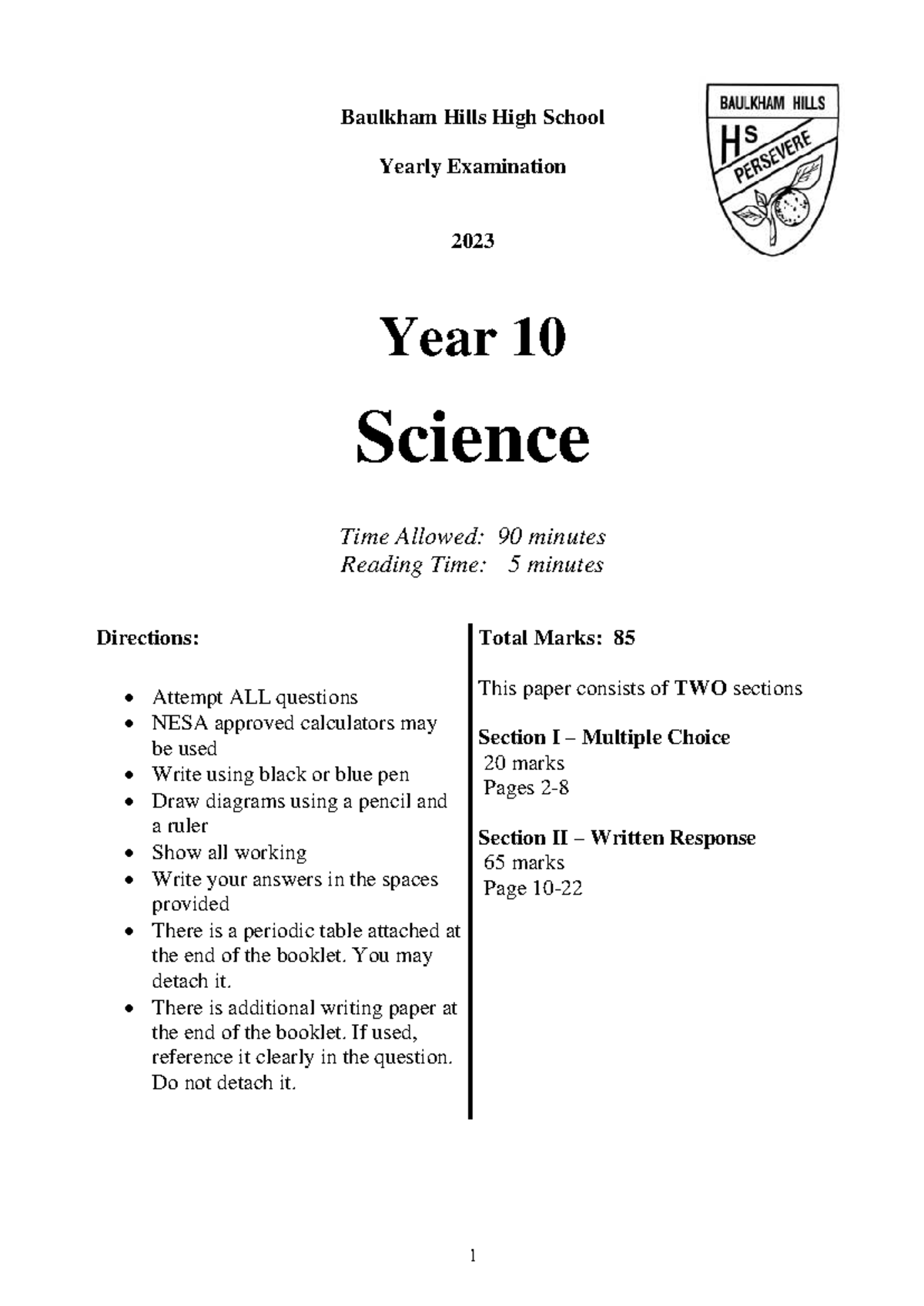 Baulkham Hills High School Year 10 Science Yearly Exam 2023 - Studocu
