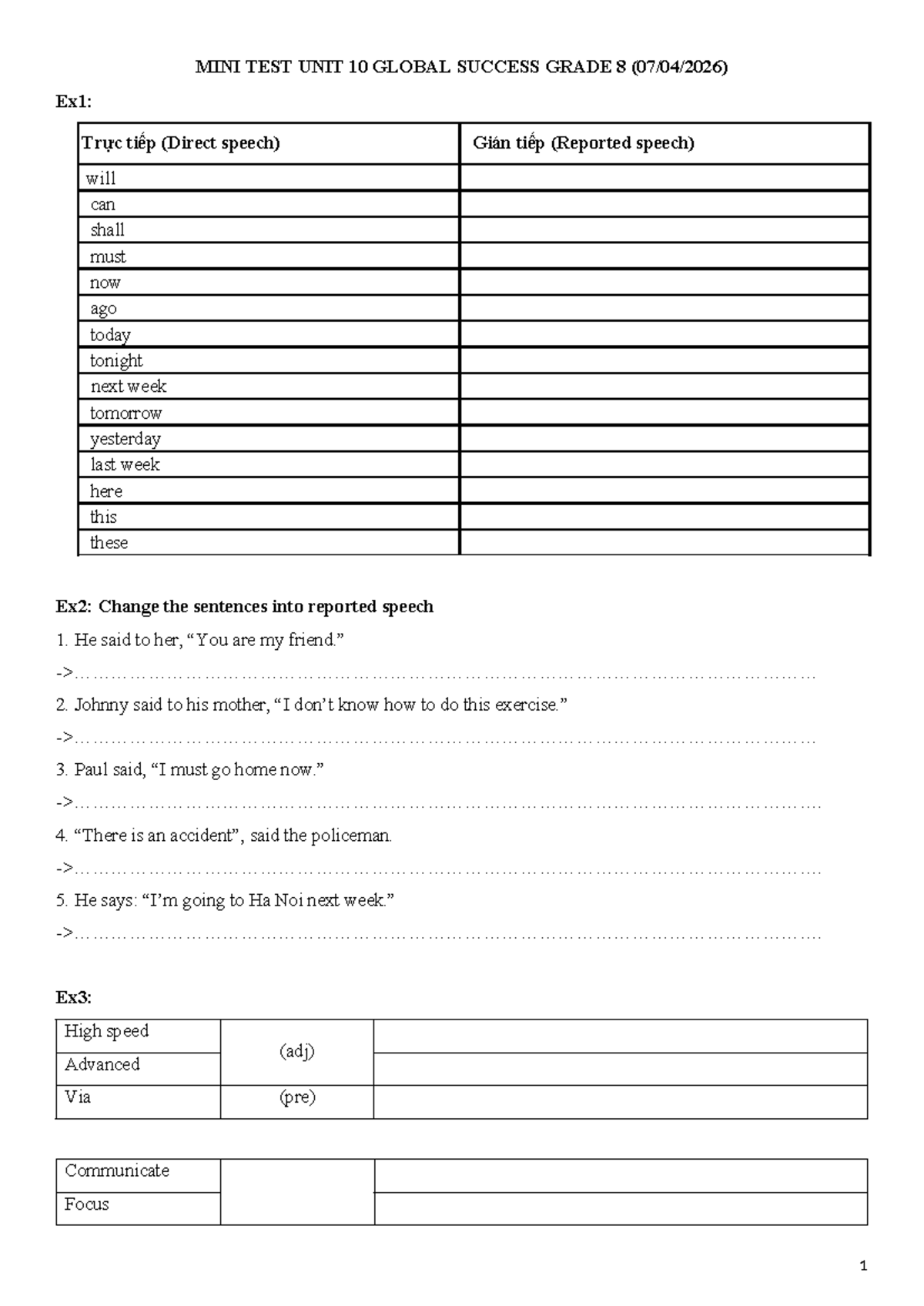 MINI TEST UNIT 10: Global Success Grade 8 - Direct & Reported Speech ...