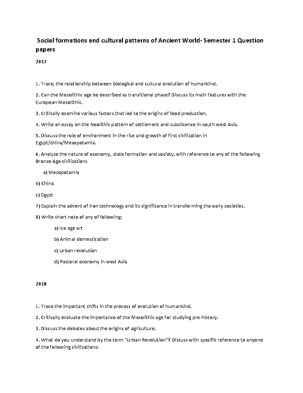 SOFO Pyqp sem 1 - Sofo previous year question - Social formations and cultural patterns of ...