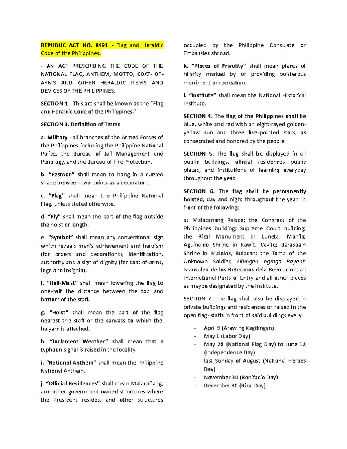 NSTP Reviewer: Republic Act No. 8491 - Flag & Heraldic Code - Studocu