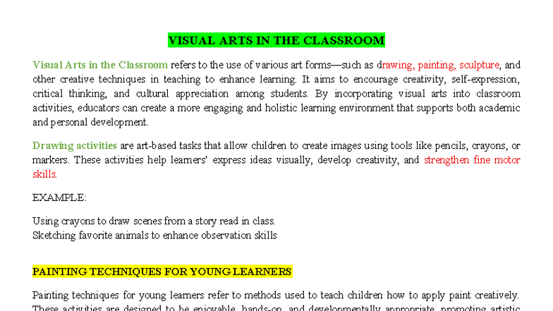 Visual Arts in the Classroom: Enhancing Creativity and Learning - Studocu