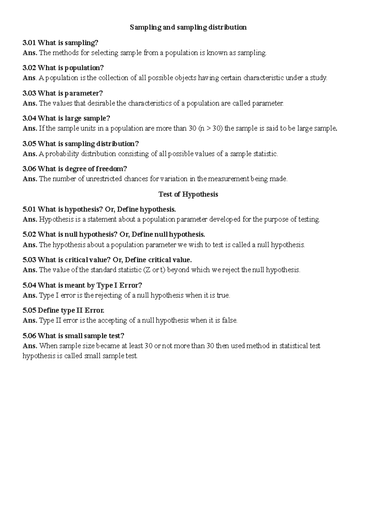 Stat Theory 3.01: Sampling & Hypothesis Testing Hand Notes - Studocu