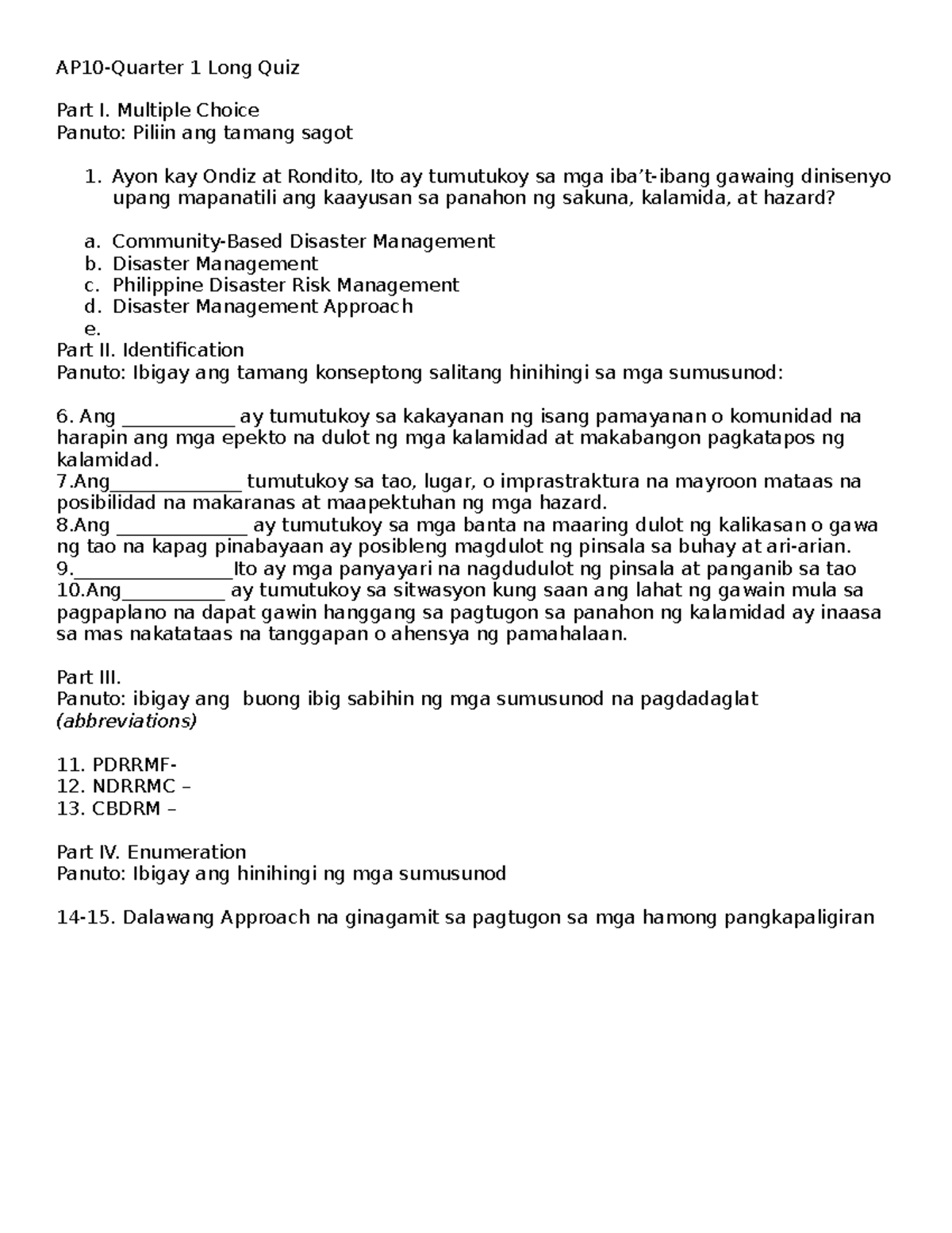 AP10 Long Quiz Part I: Disaster Management Concepts and Terminology ...