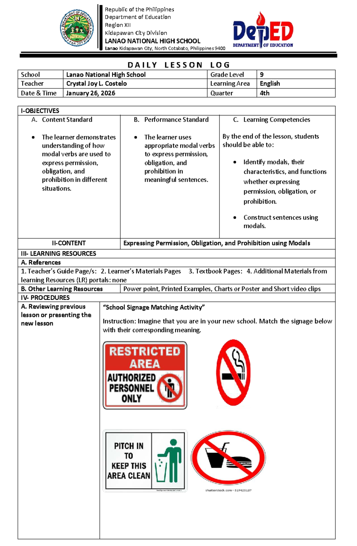 Modals Lesson Plan (Grade 9 English) - 4th Quarter - Studocu