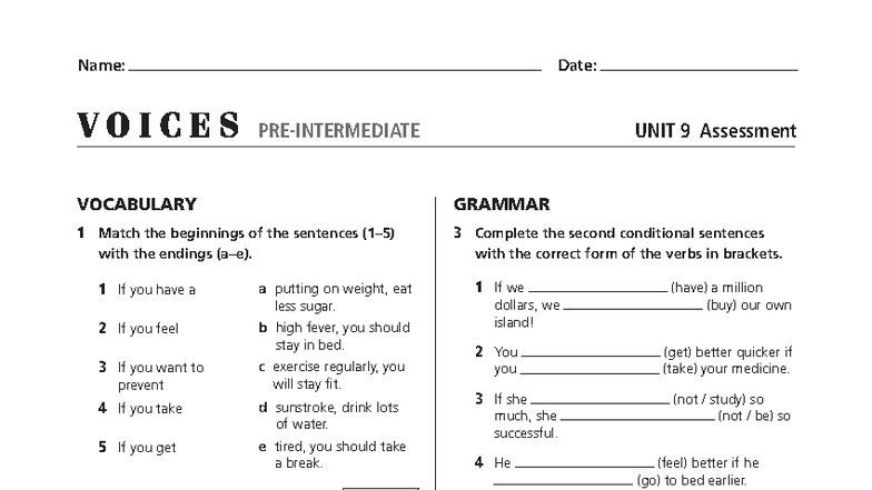 Voices Pre-int U09 Test: Vocabulary, Grammar, and Reading Assessment ...