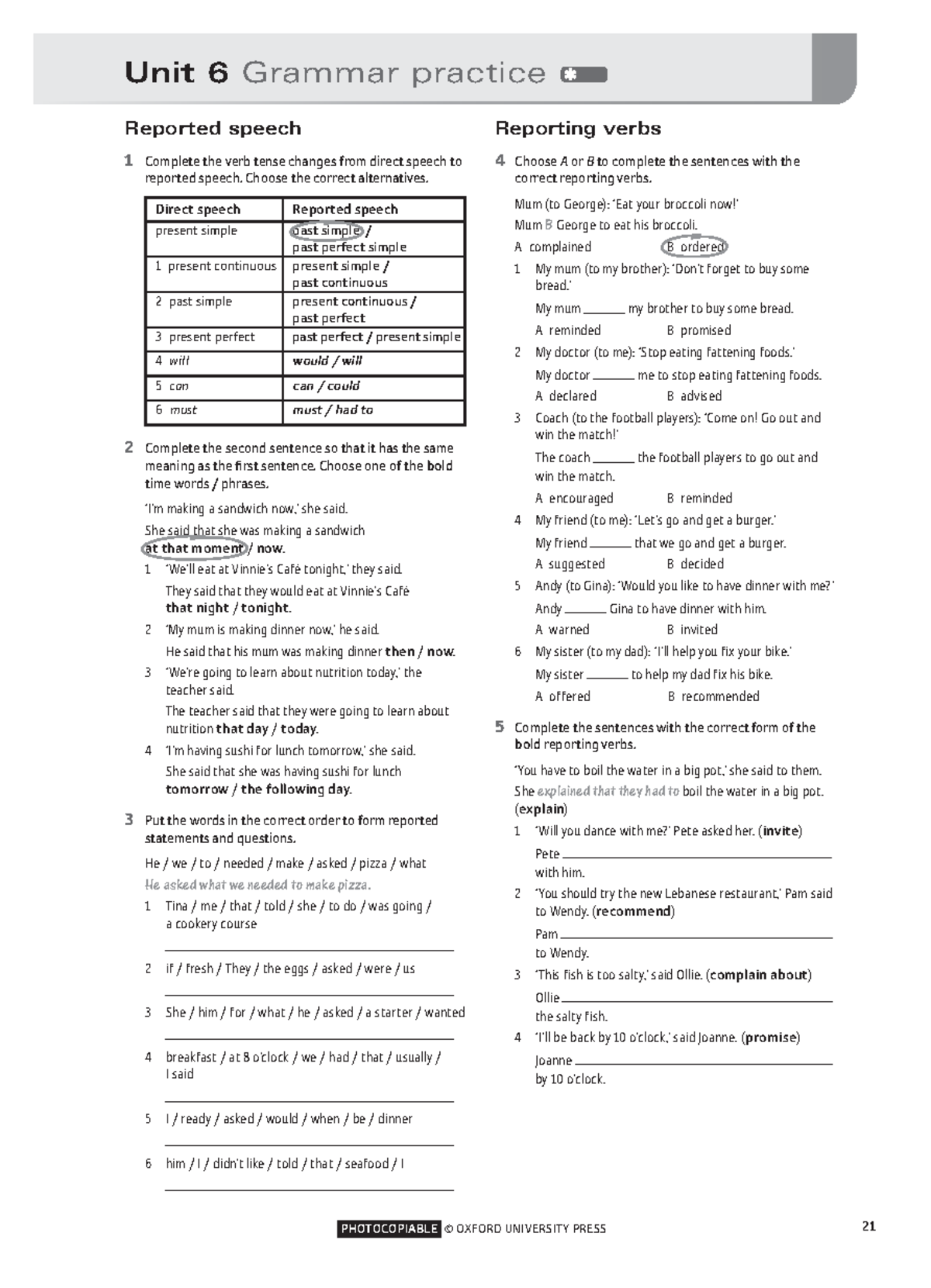 Grammar-practice-reported speech - PHOTOCOPIABLE © OXFORD UNIVERSITY ...
