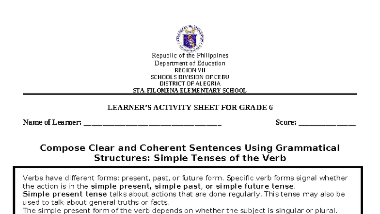 Grade 6 Activity Sheet: Composing Sentences with Simple Tenses - Studocu