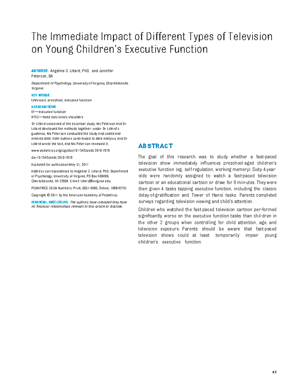 The Immediate Impact of Television on Young Executive Function (PSY 101 ...