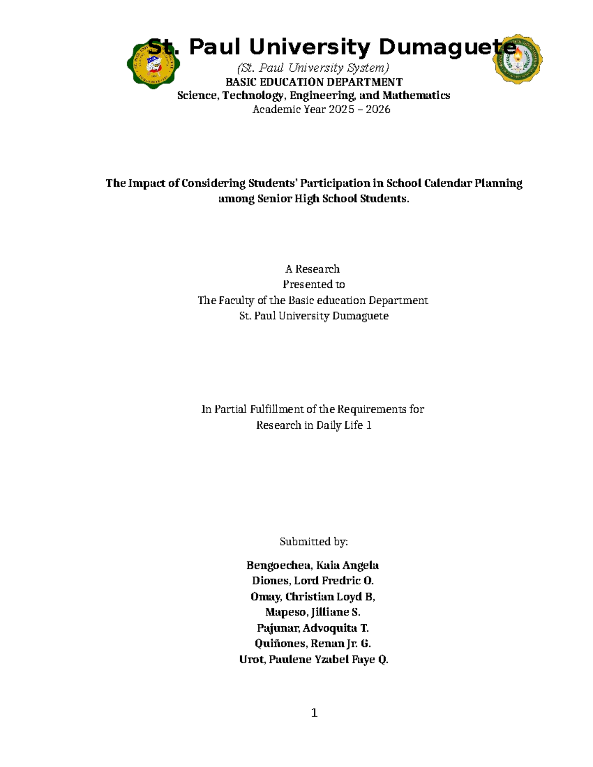 The Impact of Student Participation in School Calendar Planning (RDL 1 ...