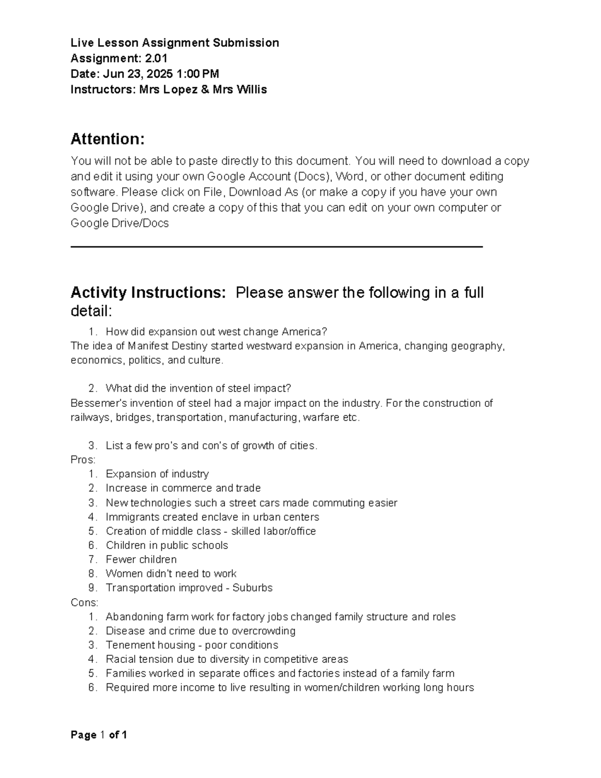 2.01 Live Lesson Assignment: Impact of Westward Expansion - Studocu