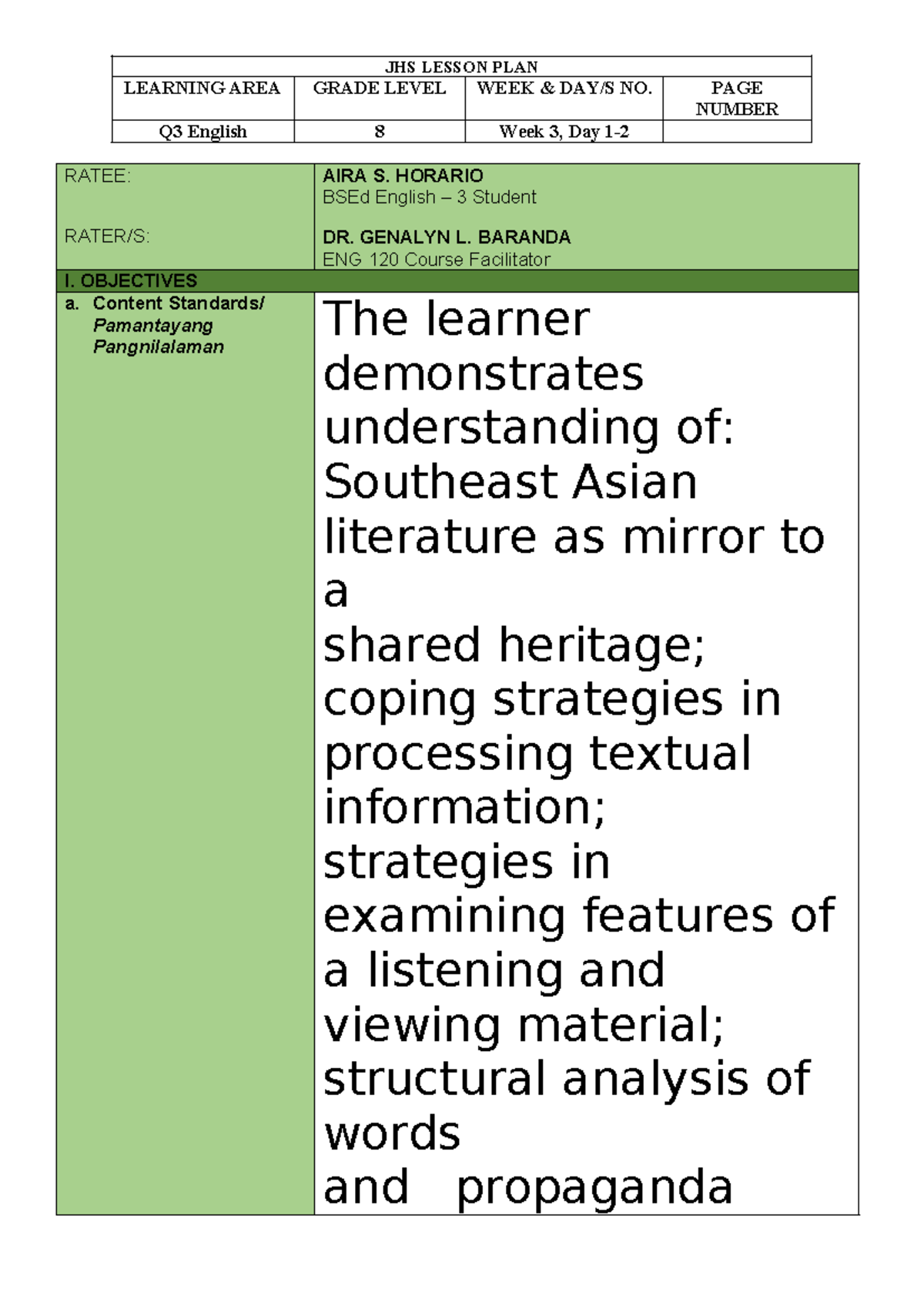 JHS English 8 Q3 Week 3 Lesson Plan: Analyzing "Lamb to the Slaughter ...