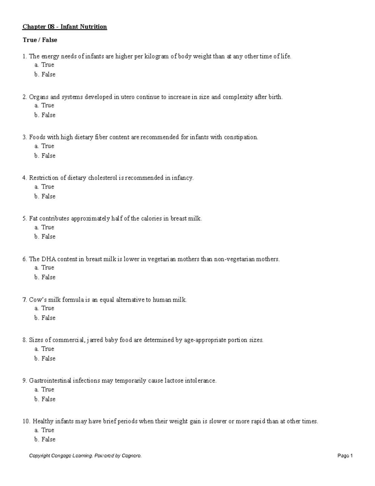 Infant Nutrition Quiz: True/False & Multiple Choice (Course Code ...